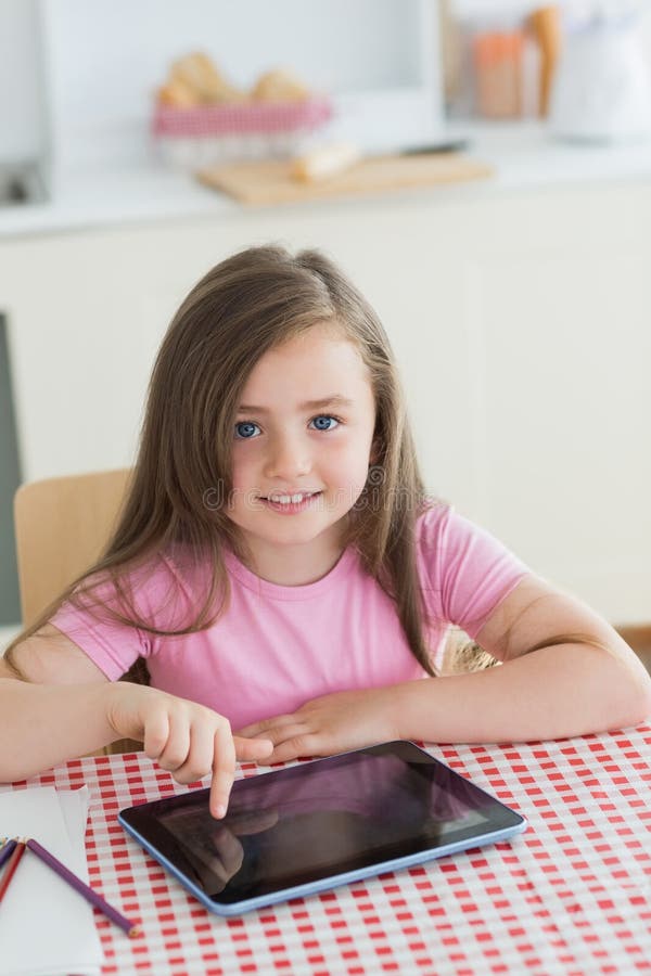 Happy Little Girl Using Tablet Computer Stock Image - Image of computer ...