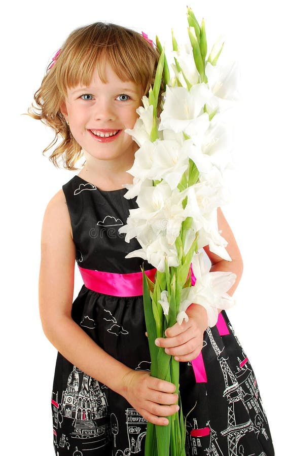 Happy Little Girl with White Flowers. Stock Photo - Image of dress ...