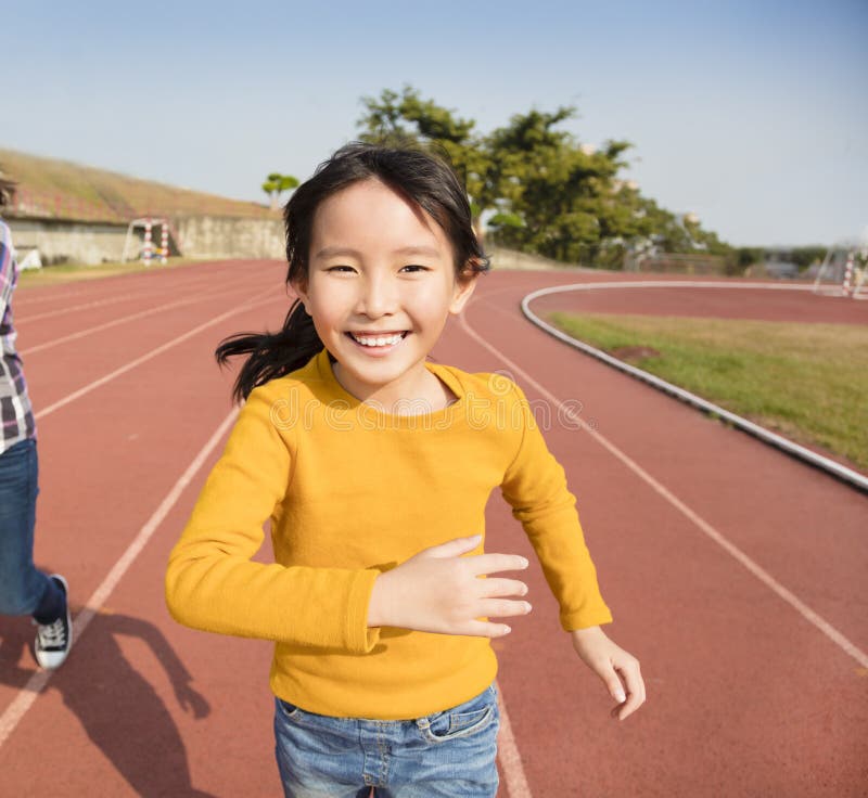 Happy Little Girls Running on the Track Stock Photo - Image of active ...