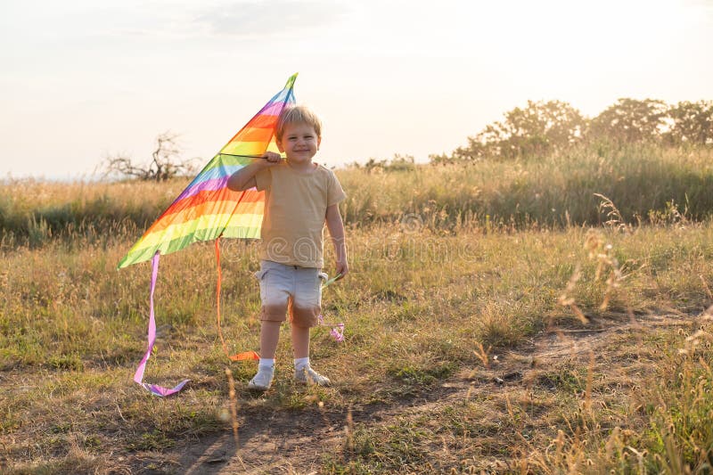 Happy Little Kid Boy Having Fun with Kite in Nature at Sunset Stock ...