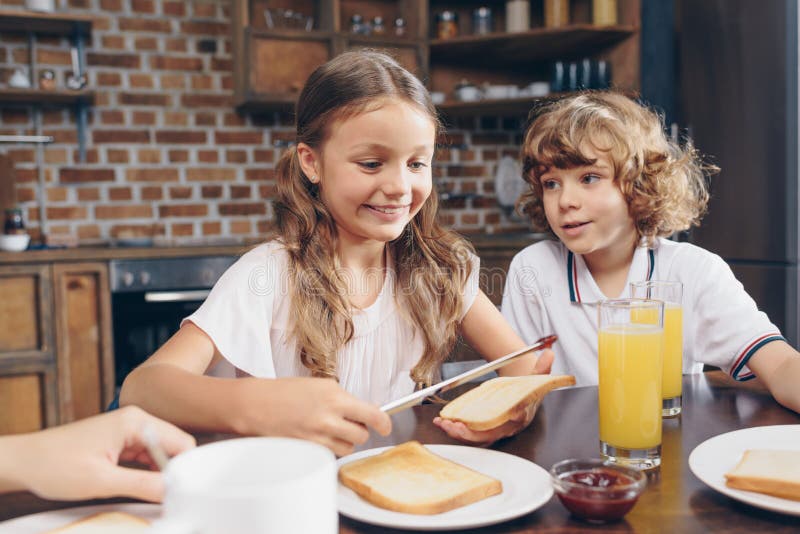 Happy Little Kids Having Breakfast Stock Image - Image of delicious ...