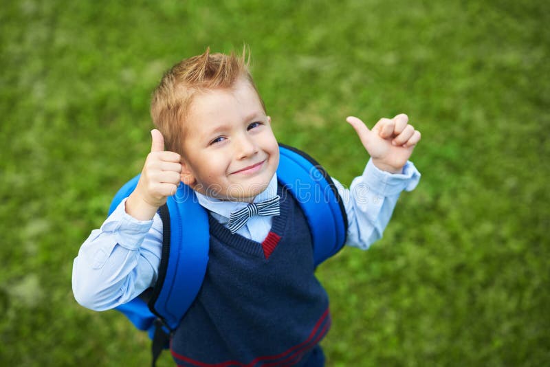 Happy Little Preschool Kid Boy with Backpack Posing Outdoors Stock ...