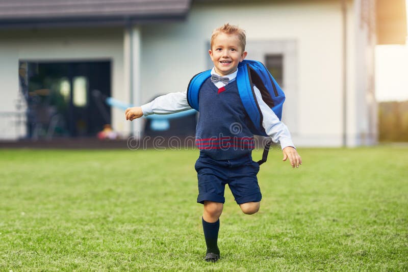 Happy Little Preschool Kid Boy with Backpack Posing Outdoors Stock ...