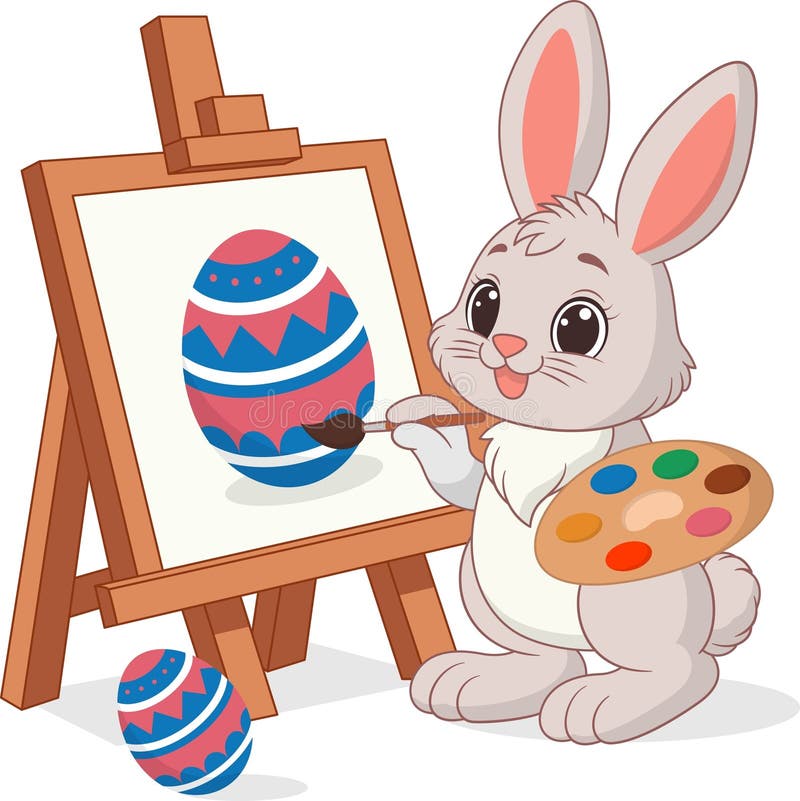 Happy Little Rabbit Drawing Easter Egg on an Easel. Funny Animal ...