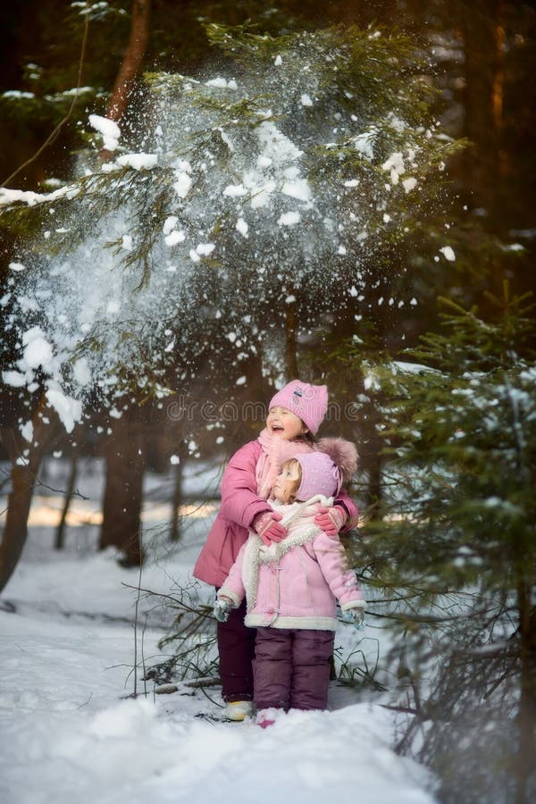 Happy Little Sisters Have Fun in Snowy Forest Stock Image - Image of ... Happy Little Sisters Have Fun in Snowy Forest Stock Image - Image of ...