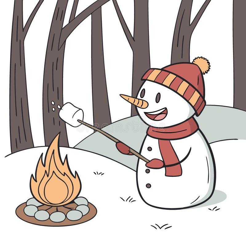 A Happy Little Snowman Roasting Marshmallows at a Bonfire in the Woods ...