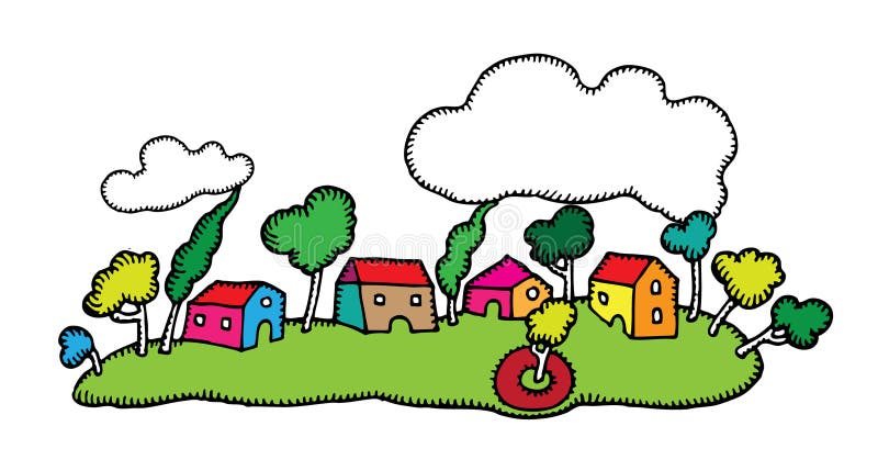 Happy Little Village Landscape Drawing Stock Vector - Illustration of ...