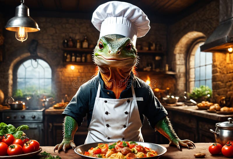 Happy Lizard in a Chef Hat Coocking Food. Generative AI Stock ...