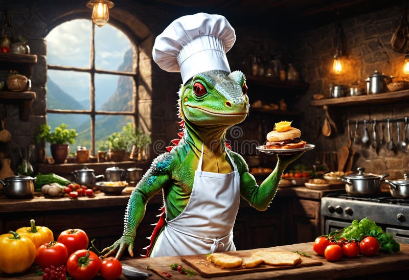 Happy Lizard in a Chef Hat Coocking Food. Generative AI Stock ...