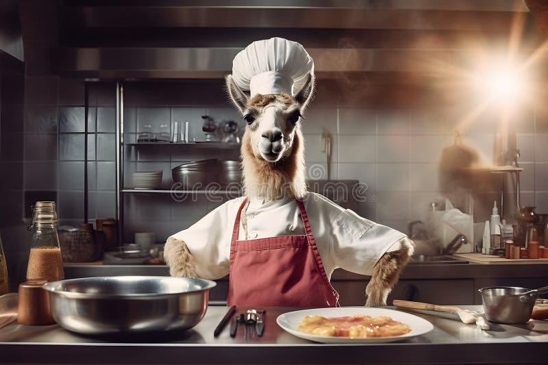 Happy Llama Chef Cooks Food in the Kitchen, Generative AI Stock ...