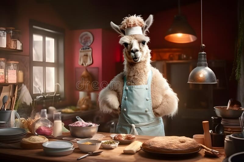 Happy Llama Chef Cooks Food in the Kitchen, Generative AI Stock ...
