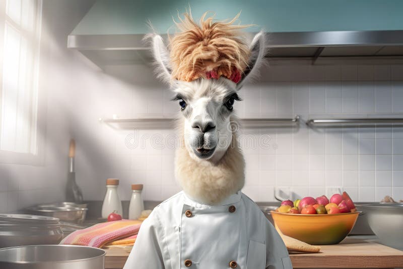 Happy Llama Chef Cooks Food in the Kitchen, Generative AI Stock ...