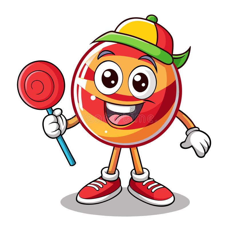 Happy Lollipop Character Wearing a Cap, Holding a Lollipop Stock Vector ...