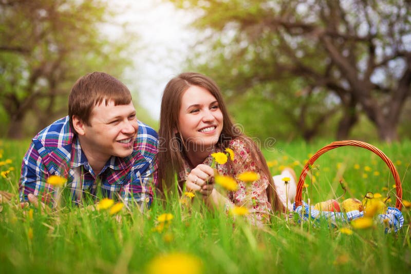 Happy Loving Couple on a Spring Meadow Stock Photo - Image of happiness ...