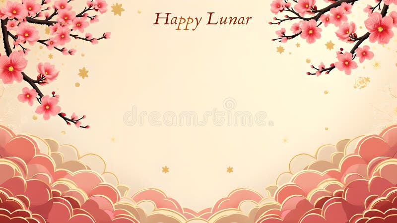 Happy Lunar New Year Background with Cherry Blossoms and Clouds ...