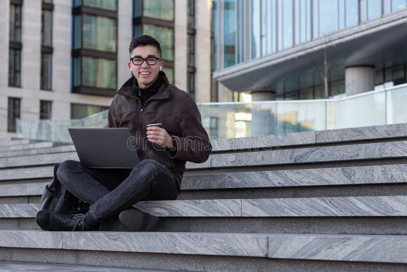 Happy Male Asian Student Programmer Freelancer Smile with Laptop and ...