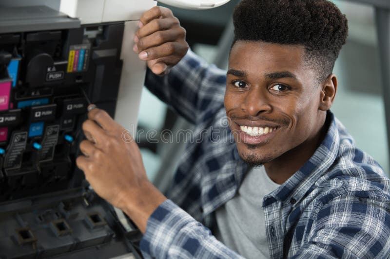 Happy Male Employee Checking Printer Stock Image - Image of quality ...
