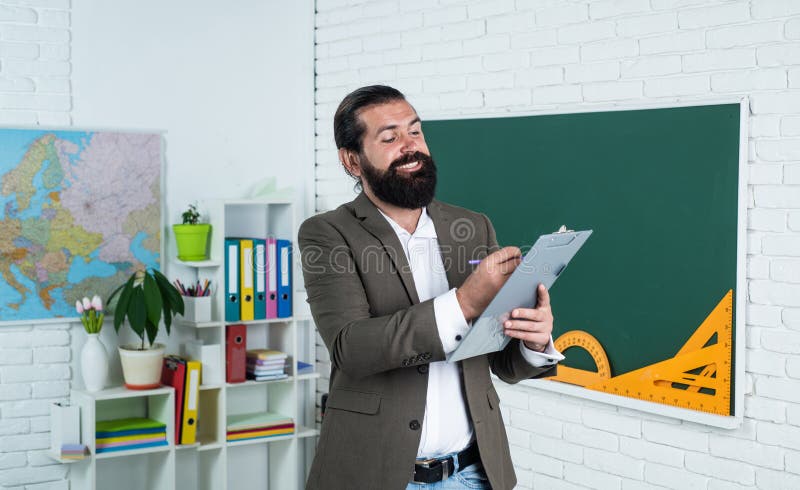 Happy Male Lecturer with Workbook and Books Ready for Lesson, School ...