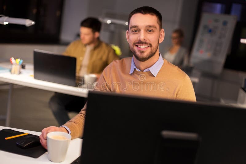 Happy Male Office Worker Drinking Coffee Stock Photo - Image of ...