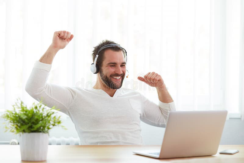 Happy Male Operator with Headset and Notebook Stock Image - Image of ...
