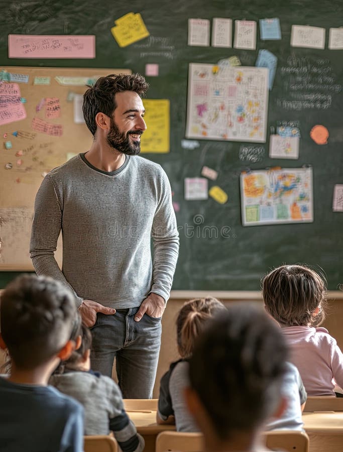 Happy Male Teacher in Classroom with Students Stock Illustration ...