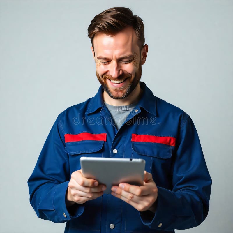 Happy Male Technician Using Tablet Smiling Blue Work Uniform Digital ...