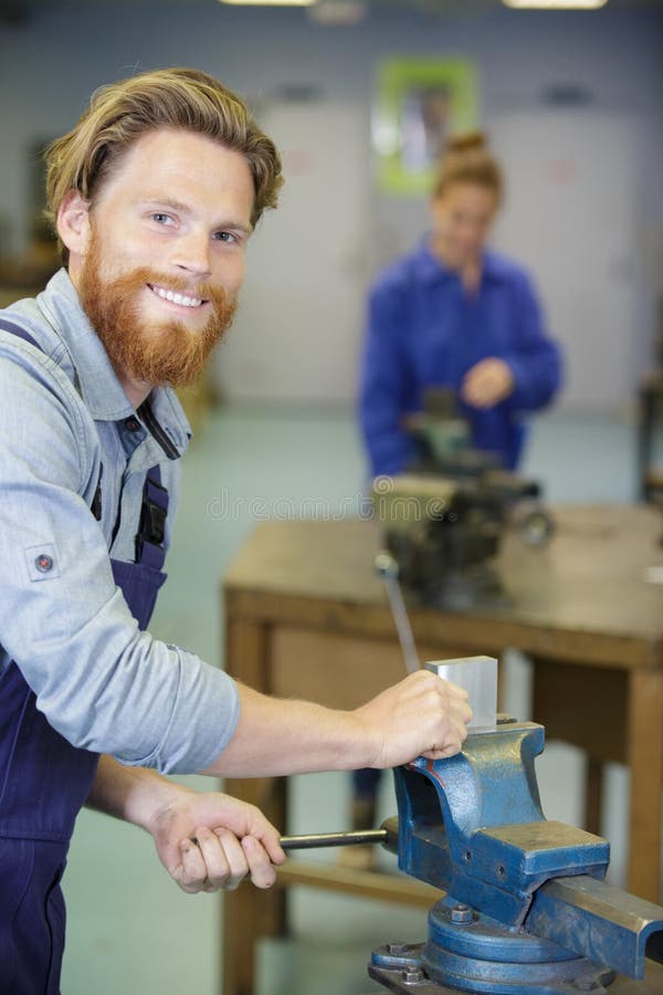 Happy Male Worker Working in Workshop Stock Image - Image of focused ...