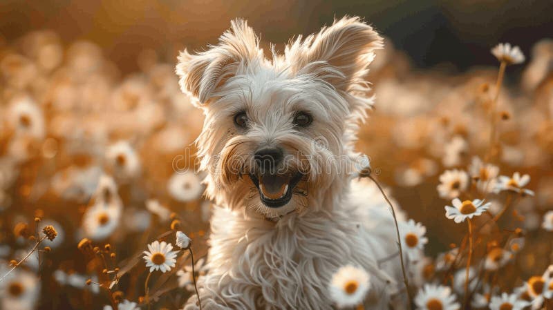 Happy Maltese Dog Running in a Field of Daisies on a Sunny Spring Day ...