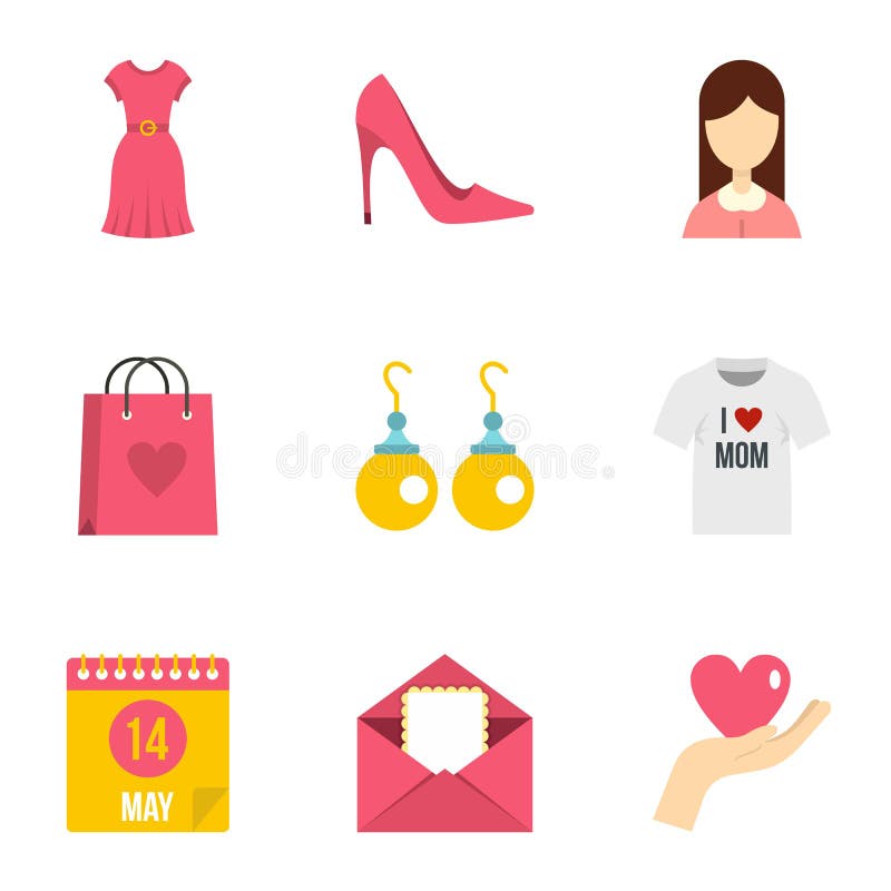 Happy Mama Day Icon Set, Flat Style Stock Vector - Illustration of sign ...