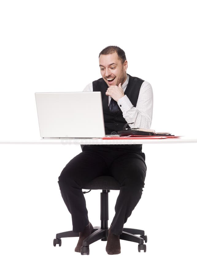 Happy man behind computer stock photo. Image of balding - 13087962