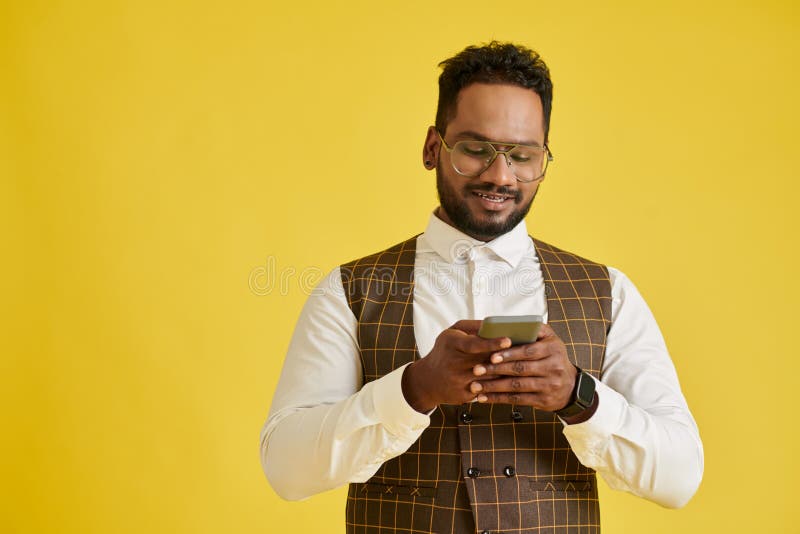 Happy Man Answering Text Message Stock Photo - Image of eyeglasses ...