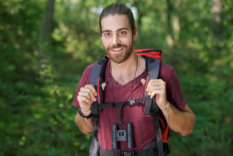 Happy Man with Backpack Outdoors Stock Image - Image of application ...