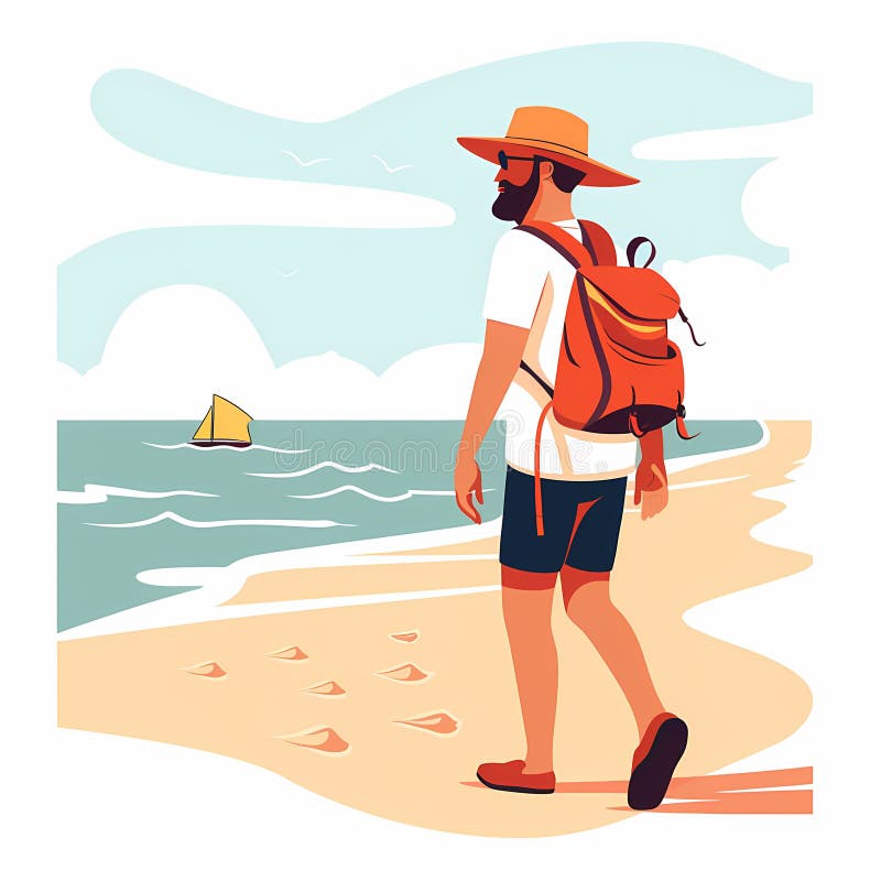 Happy Man with Backpacker on the Sea Beach. Hiker, Explorer Stock ...