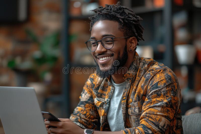 A Happy Man Balancing Work on Laptop and Mobile Phone Fo Stock ...