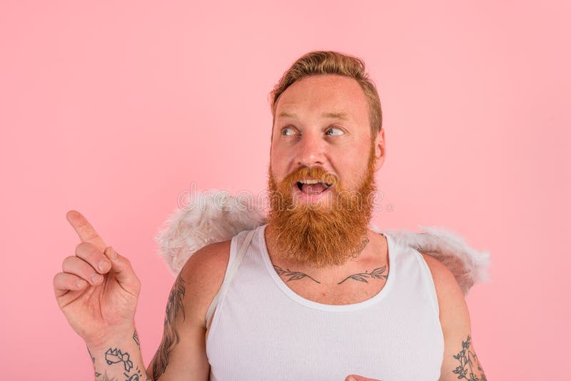 Happy Man with Beard and Tattoos Acts Like an Angel Stock Photo - Image ...