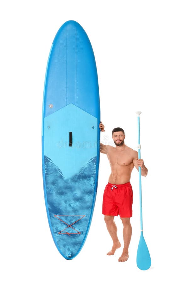 Happy Man with Blue SUP Board and Paddle on White Background Stock ...