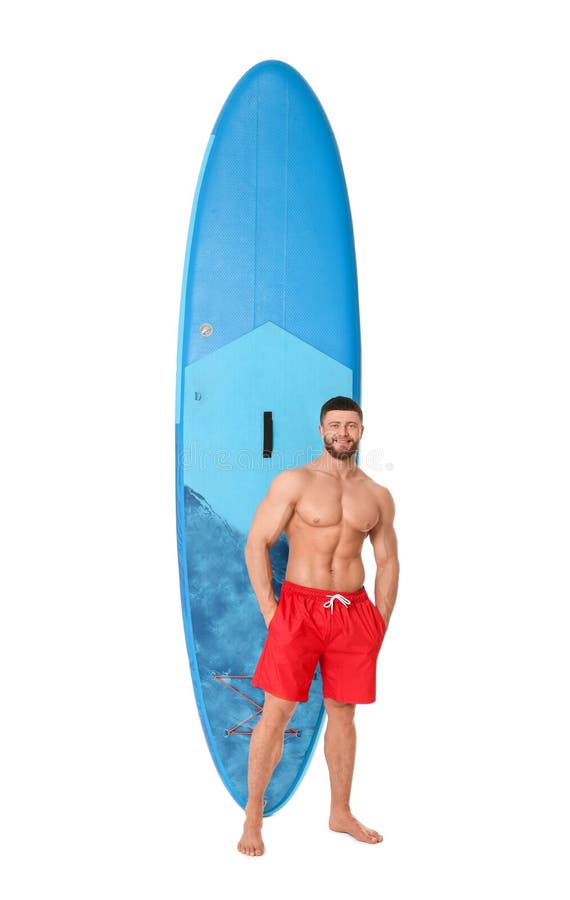 Happy Man with Blue SUP Board on White Background Stock Image - Image ...