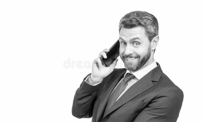 Happy Man Boss Talk on Mobile Phone Isolated on White Copy Space ...