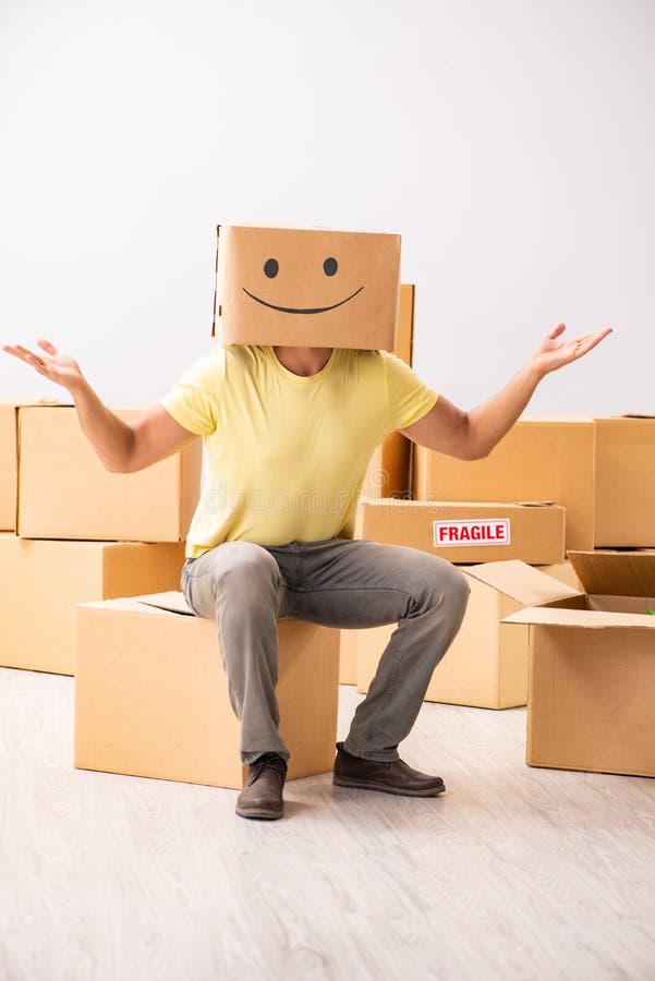 The Happy Man with Box instead of His Head Stock Photo - Image of flat ...