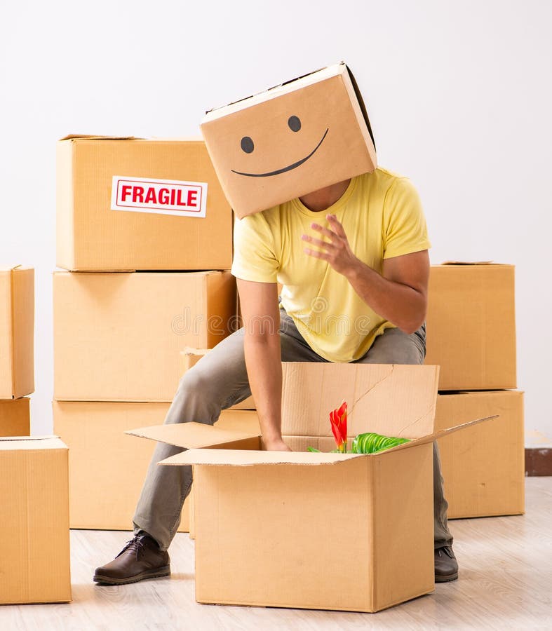 Happy Man with Box instead of His Head Stock Photo - Image of mask ...