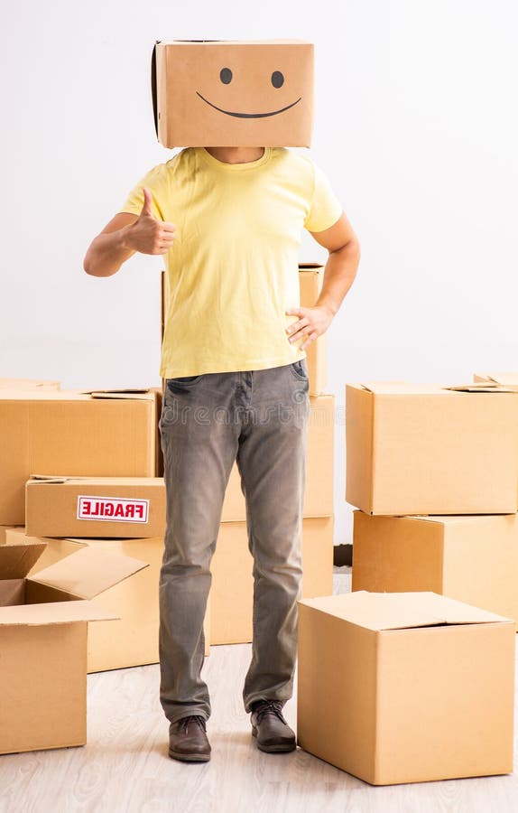 Happy Man with Box instead of His Head Stock Image - Image of emotion ...