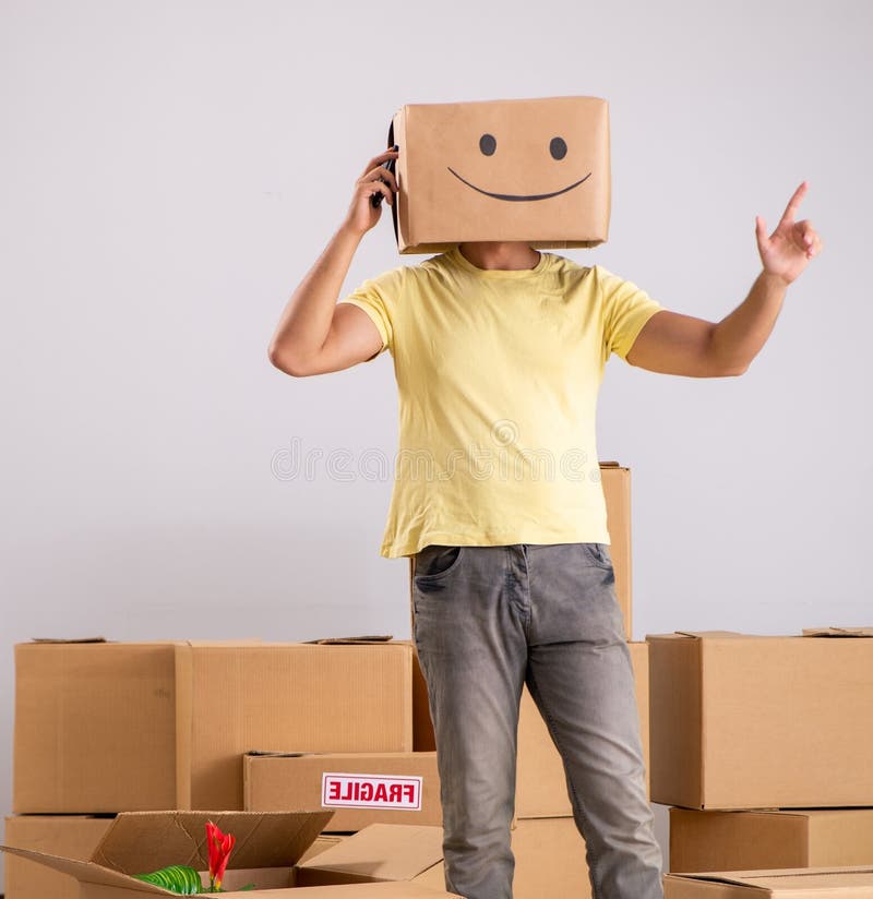 Happy Man with Box instead of His Head Stock Image - Image of emoticon ...