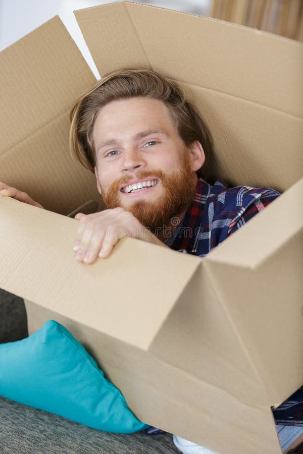 Happy Man with Box instead Head Stock Photo - Image of mortgage, flat ...