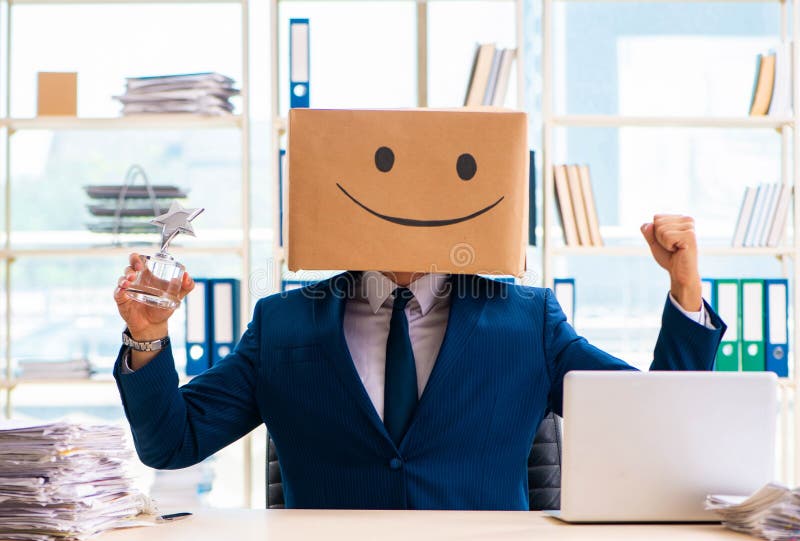 Happy Man With Box Instead Of His Head Stock Image - Image of cardboard ...