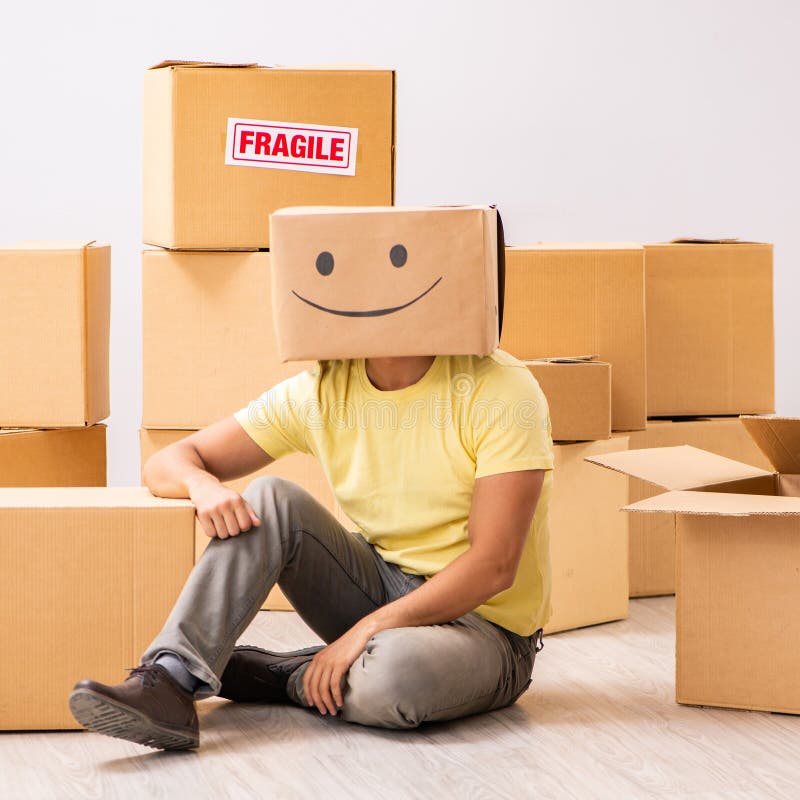 Happy Man with Box instead of His Head Stock Image - Image of movement ...