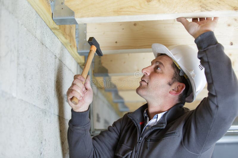 Happy Man Builder Hammer Wood Structure Stock Photo - Image of roofer ...