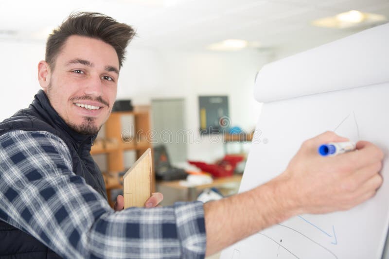 Happy Man Builder Writing Notes Indoors Stock Image - Image of ...