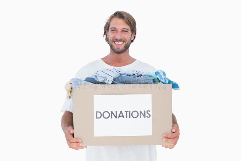 Happy Volunteer with Food Donation Box Stock Image - Image of relief ...