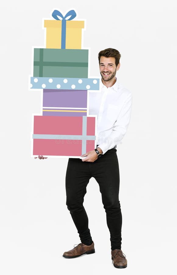 Happy Man Carrying a Stack of Presents Stock Photo - Image of isolated ...