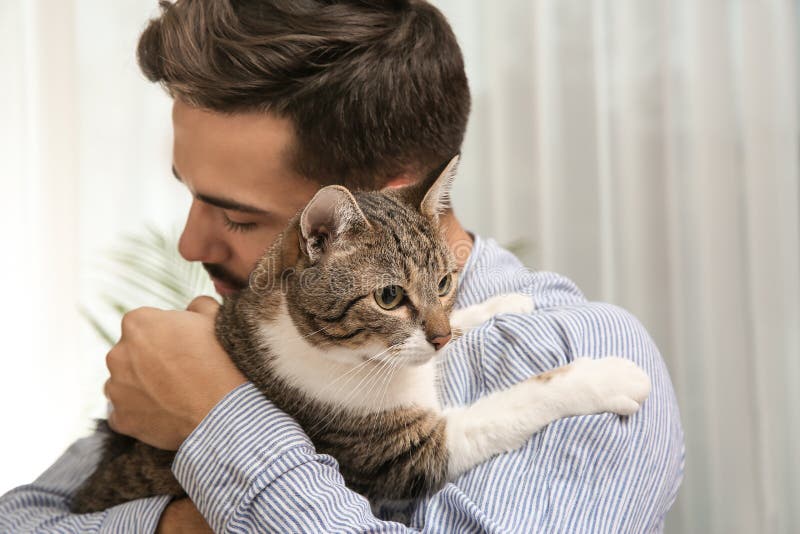 Happy Man with Cat. Friendly Pet Stock Image - Image of adorable, grey ...